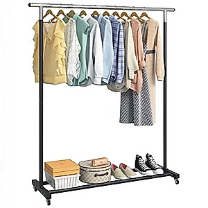 Buzowruil Clothing Rack Clothes Rack Standard Rod Simple Rolling Metal Garment Rack Organizer Freestanding Hanger with Wheels,Black with Silver