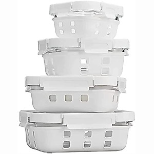 GENICOOK Borosilicate Tempered Glass Food Storage Containers with Glass Lids - Food Grade Silicone Wrap & Air Release Vent, Rectangular shape - 8 Pc Set (4 Containers - 4 Matching Lids) White