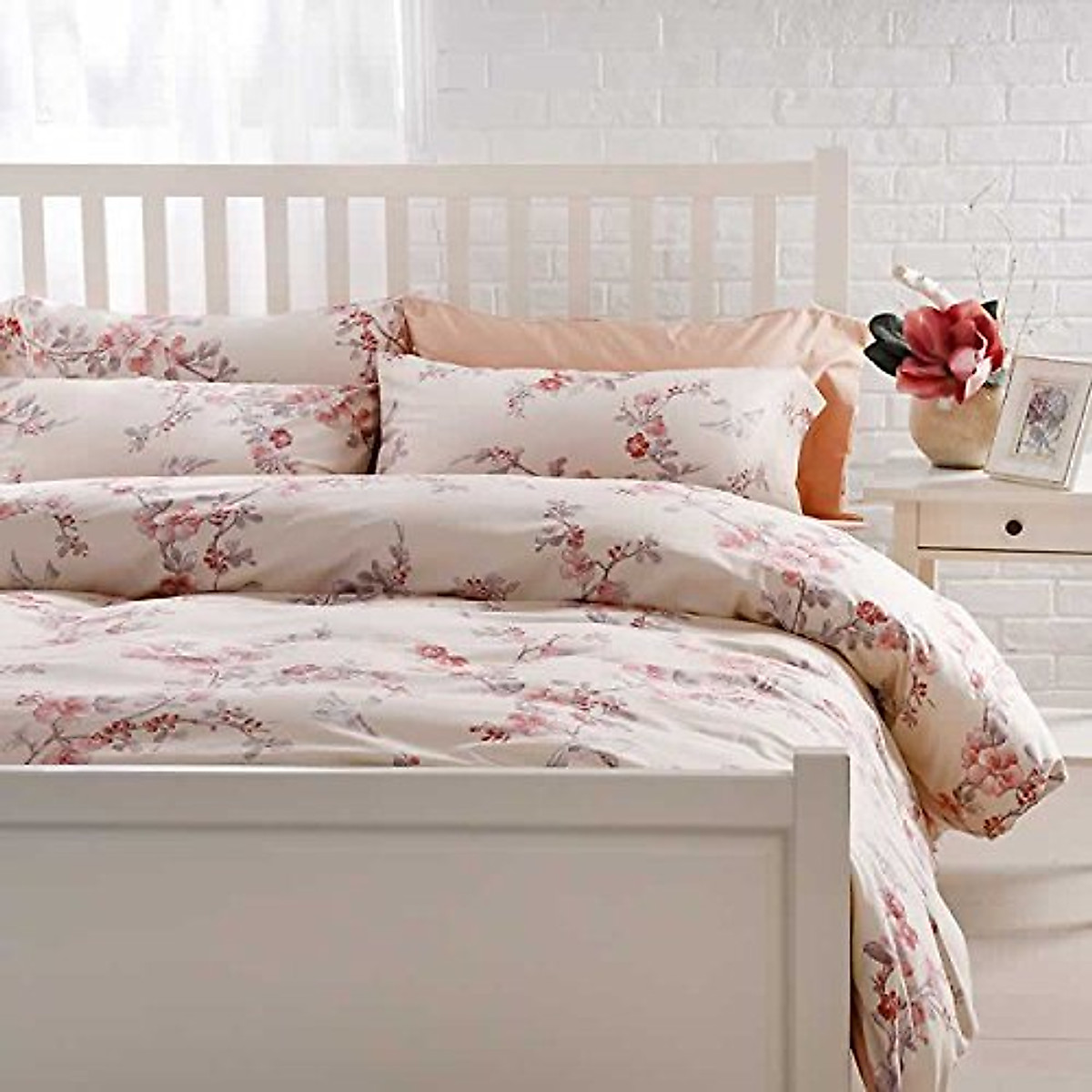 Eikei Garden Chinoiserie Floral Duvet Quilt Cover Asian Porcelain Style Tree Blossom and Birds Blue and White Watercolor Pattern 300tc Cotton Percale Bedding Set (Twin, Cream Red)