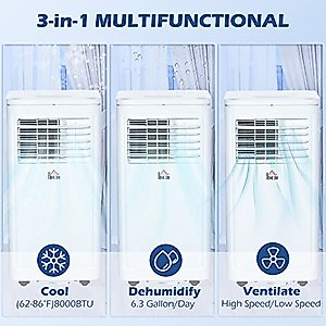 HOMCOM 10,000 BTU Portable Air Conditioners with Remote, for Rooms Up to 441 Sq. Ft., Cool Dehumidifier Fan 3-in-1 Portable AC Unit with Window Kits, White