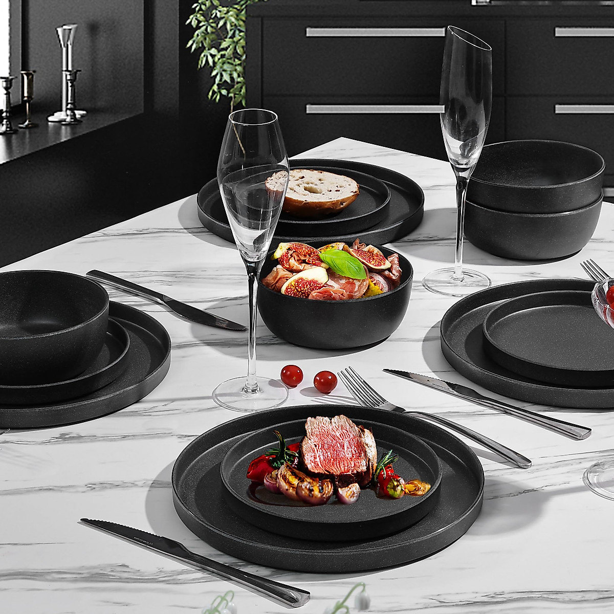 Webbylee Melamine Dinnerware Set - 12pcs Matte Round Plates and Bowls Set Indoor and Outdoor use Summer Camping Dish Set for 4 Dishwasher Safe-Dark Gray