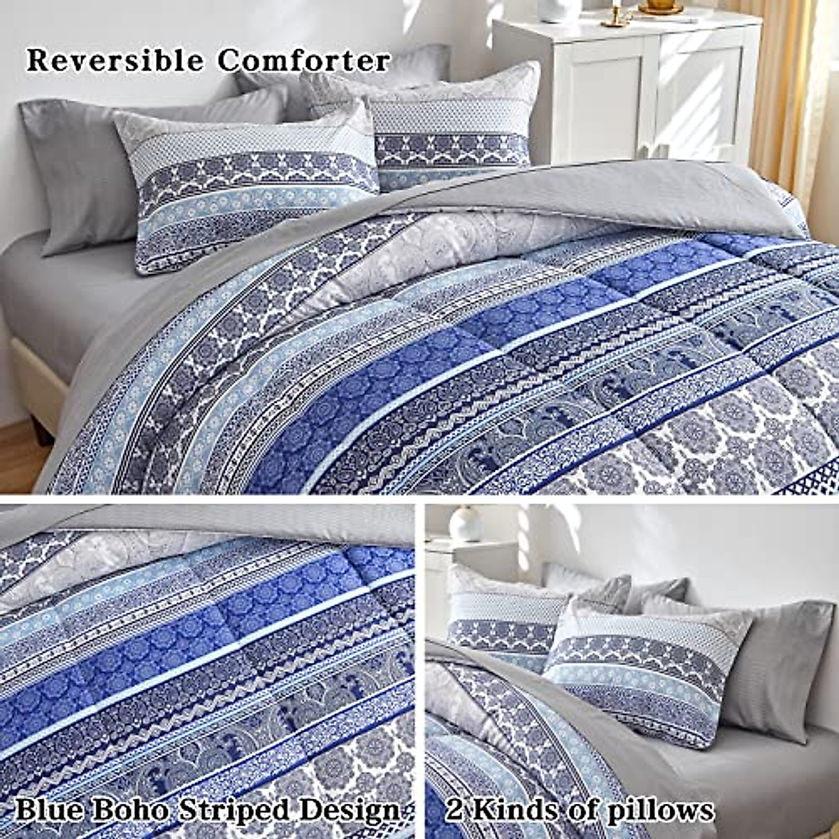 Flysheep Bohemian Striped Bed in a Bag 7 Pieces Queen Size, Boho Blue Grey Geometric Pattern Reversible Bed Comforter Set (1 Comforter, 1 Flat Sheet, 1 Fitted Sheet, 2 Pillow Shams, 2 Pillowcases)