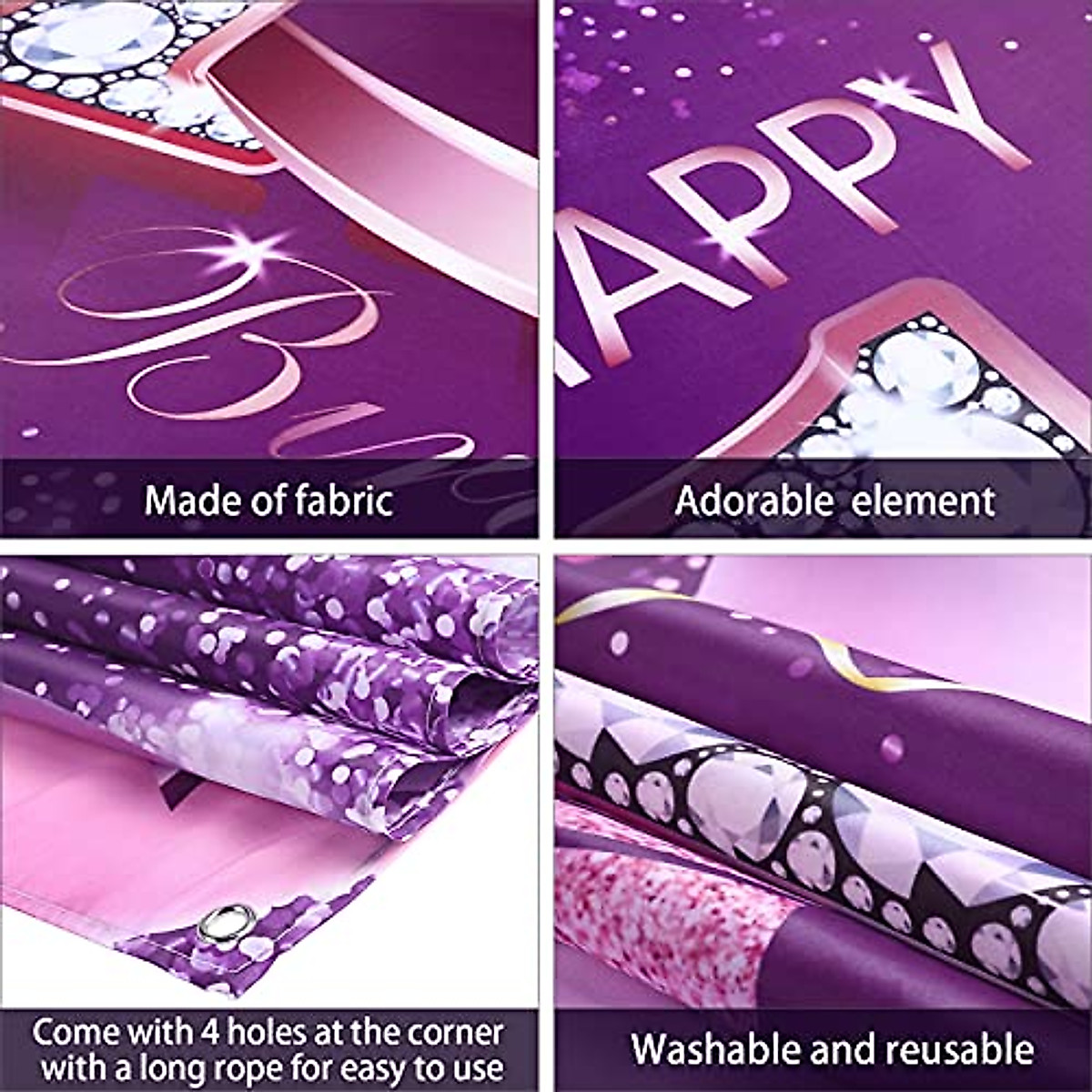 Happy Birthday Party Decorations, Large Fabric Happy 11th Anniversary Birthday Backdrop Photo Booth Background with Rope for Girls Birthday Party Favor Banner, 72.8 x 43.3 Inch, Pink Purple