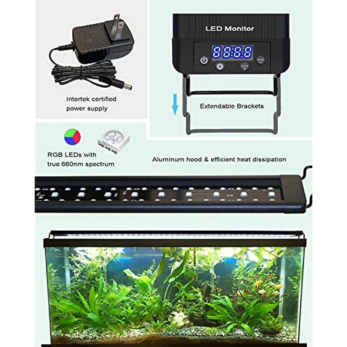 MingDak LED Aquarium Light Auto On Off, Fish Tank Light with Timer,9 Light Modes,15 Light Cycles, Full Spectrum Freshwater Planted Tank Light,18-24 Inches Model MDGLSD07-18