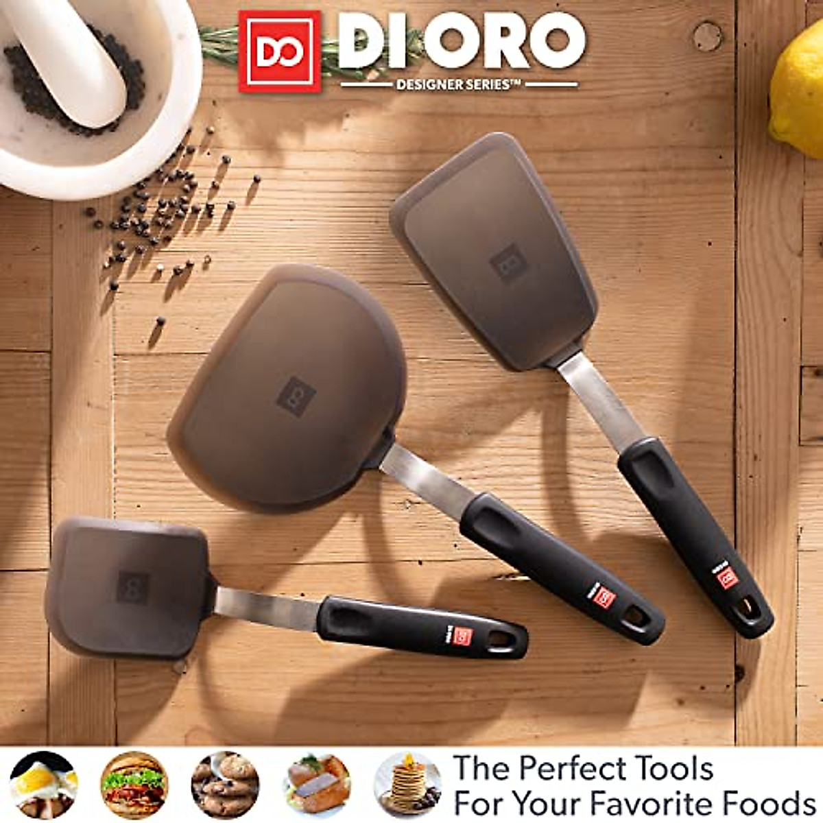 DI ORO Silicone Turner Spatula Set - Kitchen Spatulas for Nonstick Cookware - Flexible & Thin Cooking Turners for Flipping Pancakes & Eggs - 600°F Heat-Resistant & BPA Free - Dishwasher Safe (Black)