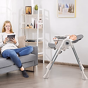 BABY JOY Convertible High Chair for Babies & Toddlers, Foldable Highchair with Adjustable Backrest/Footrest/Seat Height, Double Removable Tray, Detachable PU Cushion, Built-in Front Wheels (Gray)