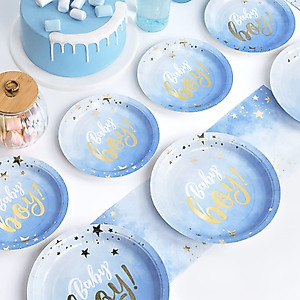 DECORLIFE Baby Shower Plates and Napkins for Boy Serves 24, Blue Baby Boy Plates, Forks Included, Total 96PCS