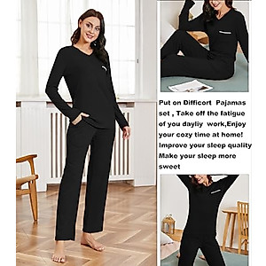 difficort Womens Pajama Sets Long Sleeve Soft Casual Sleep Loungewear Sleepwear with Pockets,Black,Medium