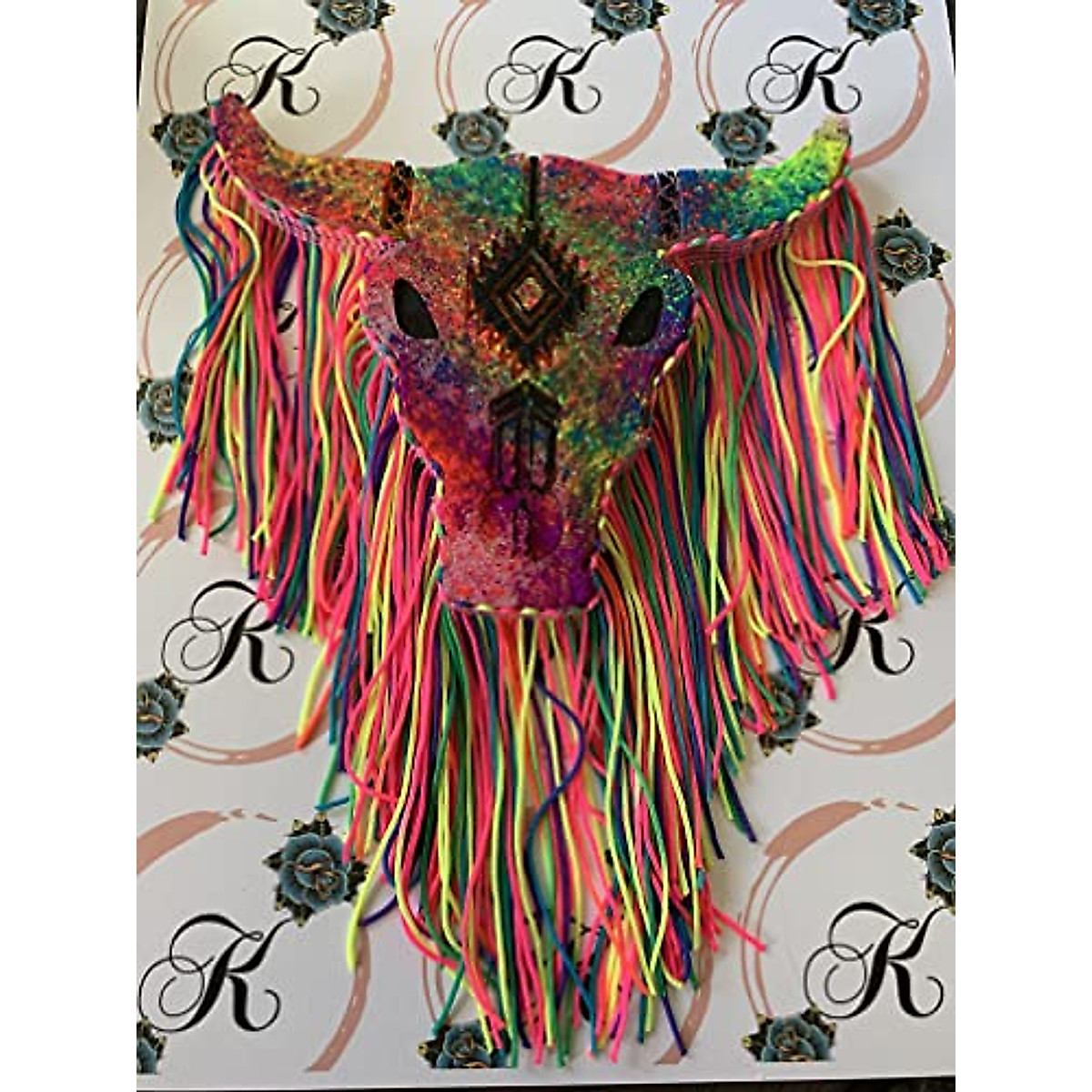 Color Splat Bull Skull with Fringe Car Freshener.Volcano