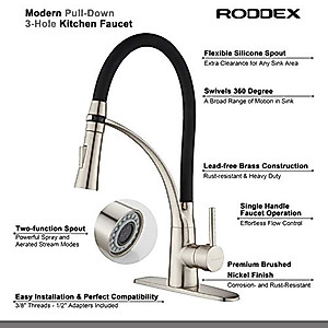 RODDEX Pullout Kitchen Faucet Solid Brass Single Handle Kitchen Sink Faucet with 360 Swivel Black Pull Down Sprayer, 3 Hole Deck Plate, Brushed Nickel