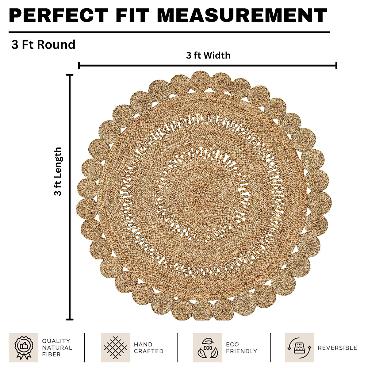 Limecasa,Hand Woven Farmhouse Jute Area Rug 3 Ft Round Natural Yarn, Rustic Vintage Beige Braided Reversible Rug, Eco Friendly Rugs for Bedroom, Kitchen, Living Room, Farmhouse 100% Jute Rug