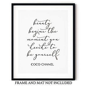 ‘Beauty Begins the Moment You Decide to be Yourself’ Coco Chanel Wall Art | 11x14 UNFRAMED Black and White Art Print | Contemporary, Positive, Inspirational, Famous Quotes, Encouraging Home Decor