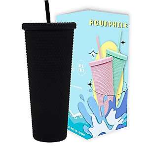 AQUAPHILE 24Oz Matte Studded Tumbler with Reusable Straw and Leak Proof Lid Water Cup Travel Mug Coffee Ice Water Bottle Double Walled Insulated Tumbler BPA Free(Black)