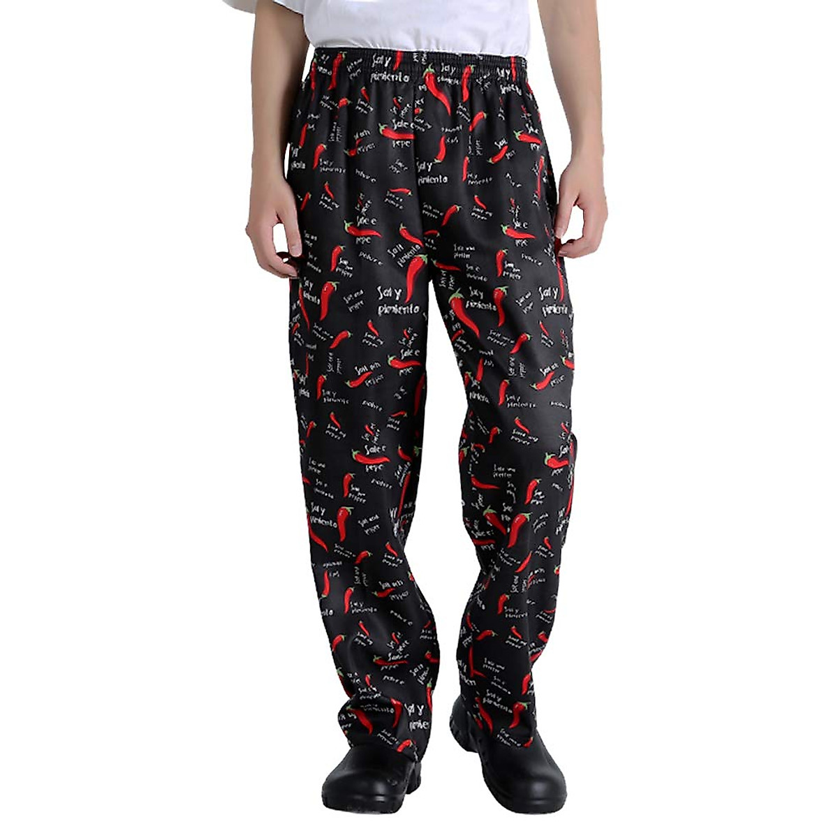 Men’s and Women's Baggy Printed Chef Pants Kitchen Uniforms with Elastic Waist Pants New Chili L