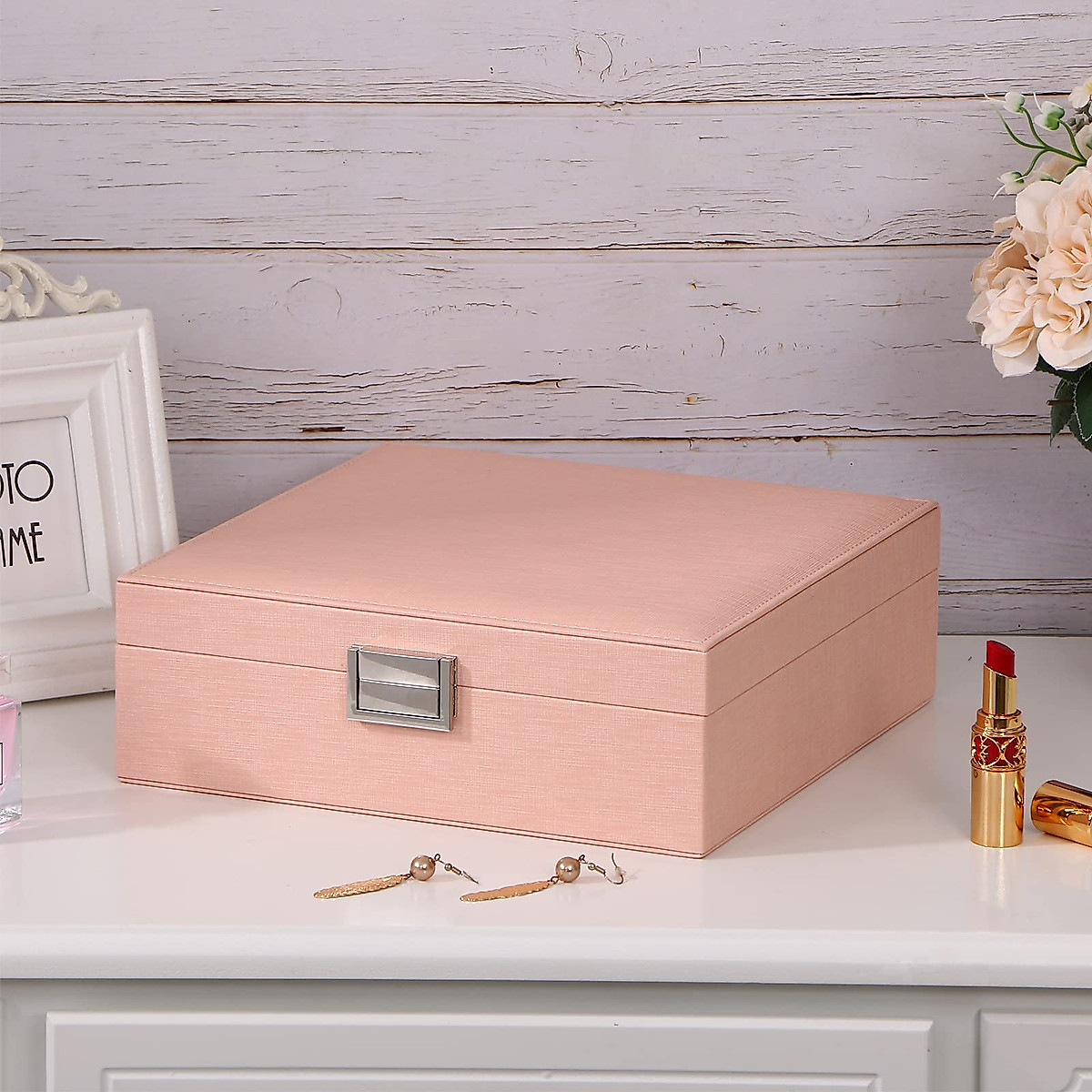 BEWISHOME Jewelry Box for Girls 35 Compartments Jewelry Organizer - 6 Necklace Hooks, 2 Layers - Jewelry Boxes Display Storage Case Jewelry Holder for Girls Pink SSH71F