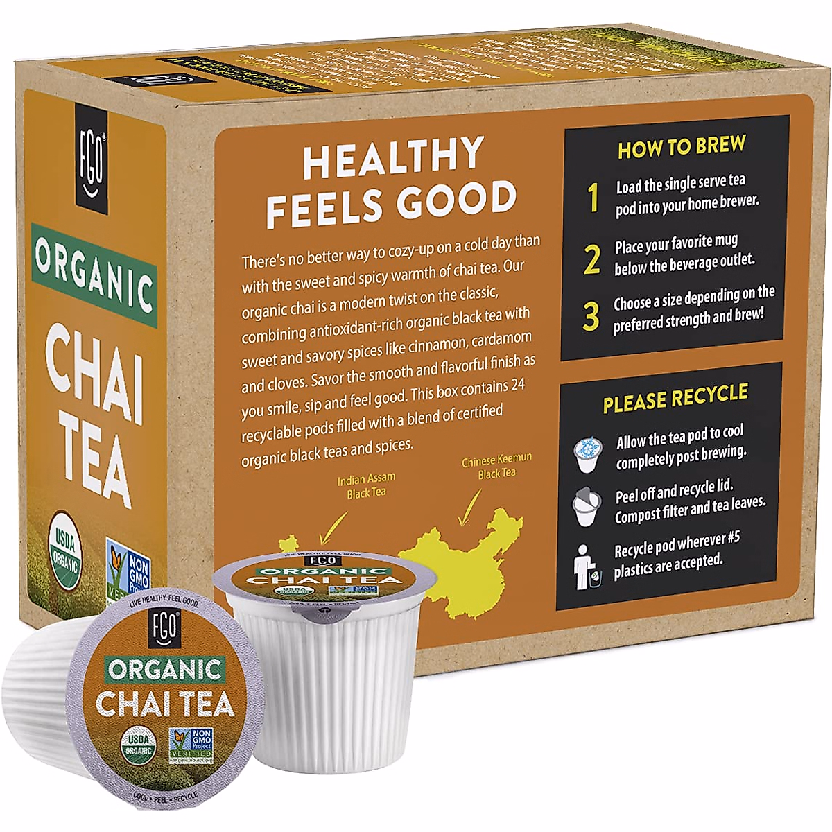 Organic Chai Black Tea K-Cup Pods, 24 Pods by FGO - Keurig Compatible - Naturally Occurring Caffeine, Premium Black Tea is USDA Organic, Non-GMO, & Recyclable