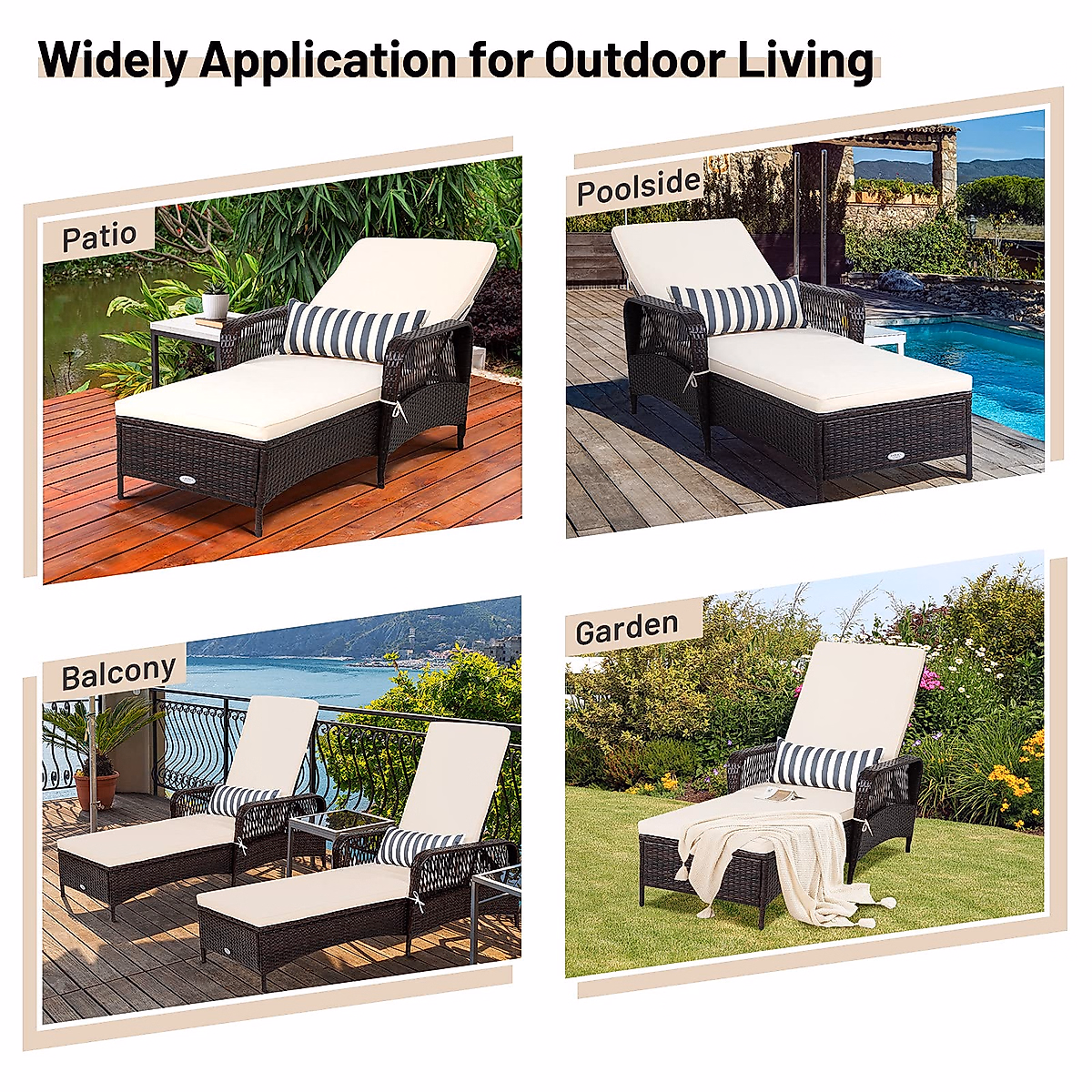 RELAX4LIFE Patio PE Rattan Chaise Lounge, Outdoor Recliner with Thick Cushion, Lumbar Pillow, 6-Gear Adjustable Backrest & Non-Slip Foot Pads, Sunbathing Lounger, Yard Wicker Couch Chair, White