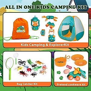 FUN LITTLE TOYS Kids Camping Set with Pop Up Play Tent Camping Toys with Battery Lantern and Drawstring Bag Indoor Outdoor Pretend Play, Birthday Gifts for Boys and Girls