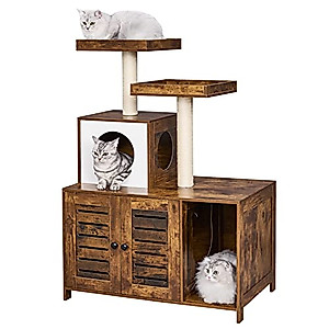 BEWISHOME Cat Litter Box Enclosure Hidden Litter Box Furniture with Cat Tree Tower, Cat Washroom Furniture, with Front Entry, Modern Wooden Cat House for Indoor Rustic Brown CMW02F