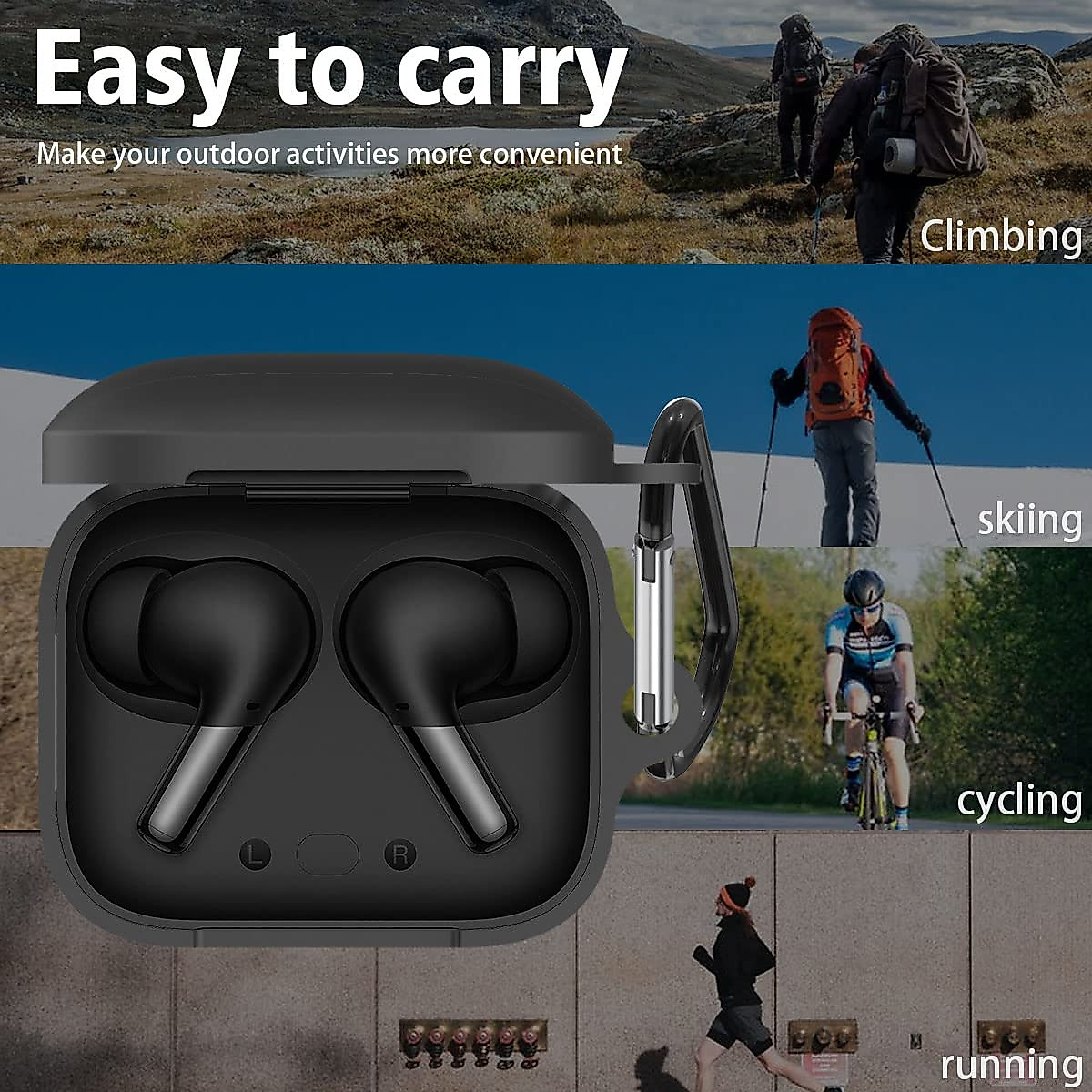 Woocon Case for OnePlus Buds Pro Charging Case,5 in 1 Soft Silicone Cover Accessories Protective Skin Sleeve for OnePlus Buds Pro 2 Wireless Earbuds with Keychain/Strap/Watch Band Holder/Brush(Black)