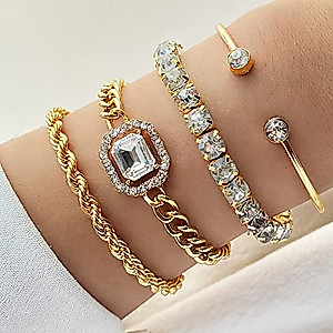 IFKM Gold Bracelet For Women Girls Dainty 14k Gold Plated Bangle Bracelets Set Adjustable Tennis CZ Twisted Chain Link Bangle Bracelet Layered Charm Jewelry Gift For Anniversary (Gold)