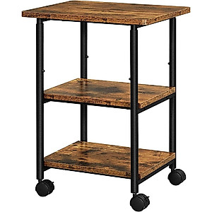 VASAGLE Industrial Printer Stand, 3-Tier Machine Cart with Wheels and Adjustable Table Top, Heavy Duty Storage Rack for Office and Home, Rustic Brown and Black UOPS003B01