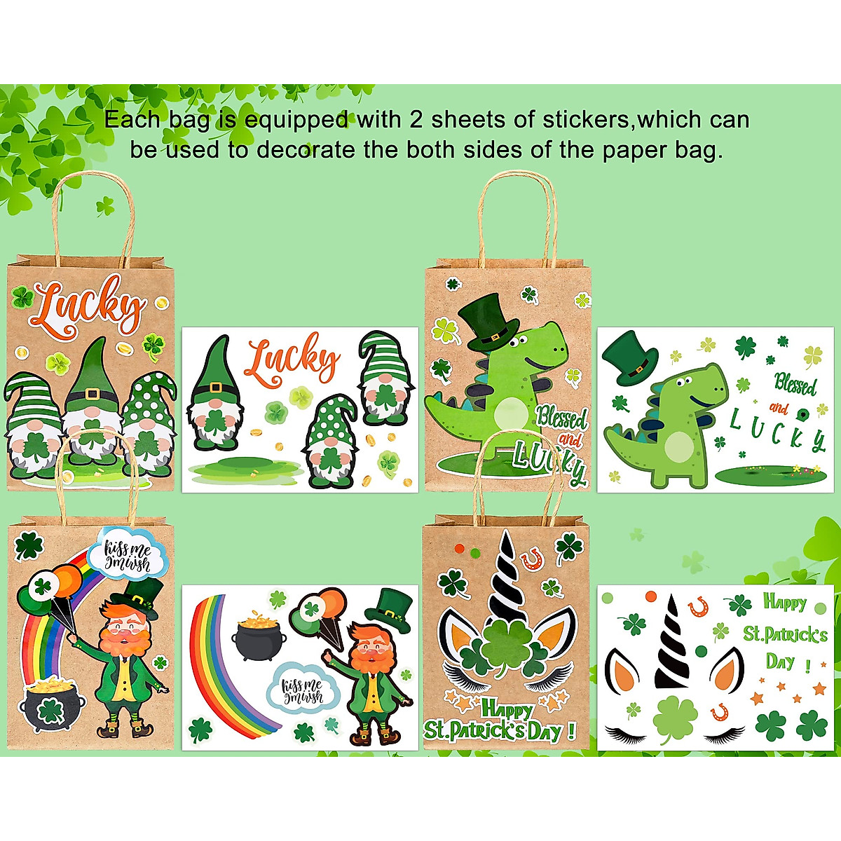 Whaline St Patrick's Day Kraft Paper Gift Bags Party Bag with Handles 24 Sheet DIY Stickers Shamrock Green Unicorn Gnome Goody Bags Irish Birthday Party Supplies Gift Wrap, 6 x 3 x 8.3inch