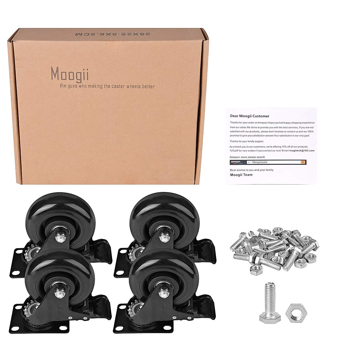 Moogiitools 4" Swivel Rubber Caster Wheels with Safety Dual Locking Heavy Duty 1800lbs Casters Set of 4 Black (All with Brake)