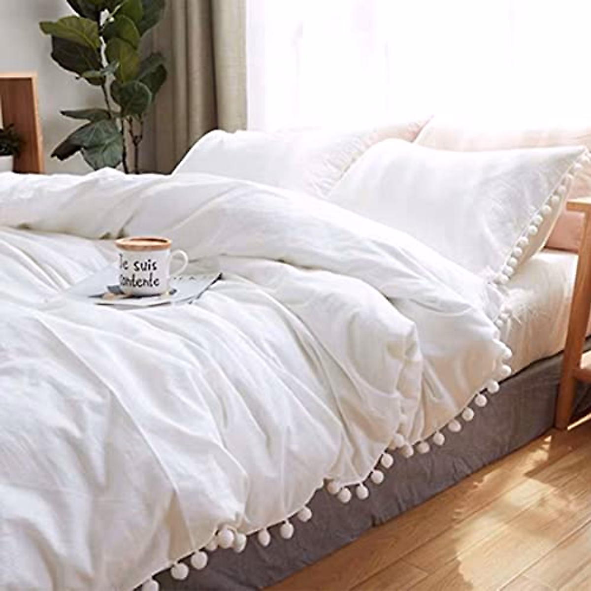 ETDIFFE White Duvet Cover King Size, 3 Piece Cute Boho Farmhouse Microfiber Bedding Comforter Cover Set with Pom Fringes, Soft and Lightweight