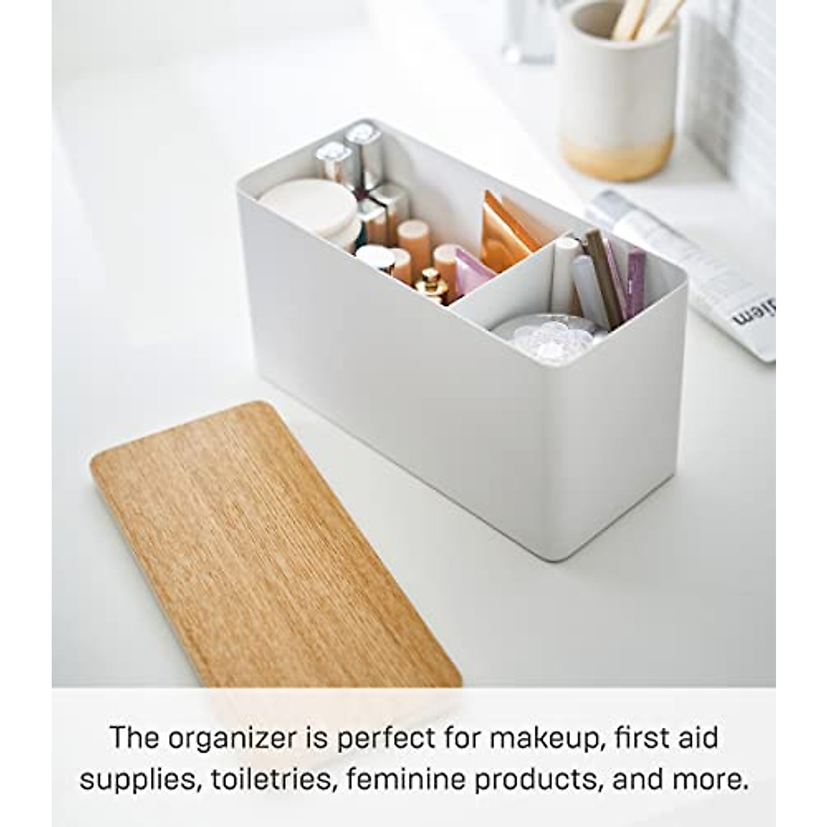 YAMAZAKI Countertop Organizer Home | Steel + Wood | Storage Case, One Size, White