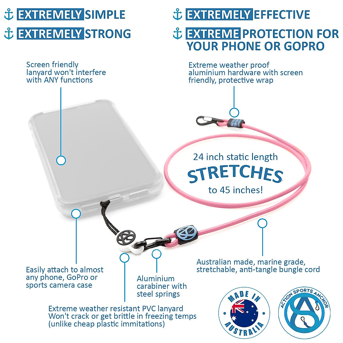 Action Sports Phone Lanyard – Tough Outdoors Mobile cellphone Lanyard & Anti-Tangle Bungie Cord Strap Securely Tether Your Mobile ProCam Keys Wallet - Aussie Made