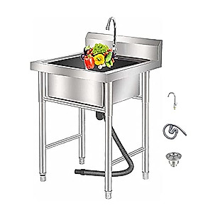Free Standing Commercial Sink Thickened Portable Single Bowl Stainless Steel Hand Washing Sink Suitable for Outdoor Indoor Garage Kitchen Laundry (50 X 50 X 80cm)