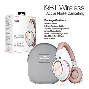 Naztech i9 Wireless Active Noise Cancelling Headphones. Up to 30 hrs Playtime for iPhones, Smartphones, Tablets, Computers / Airplane Adapter Included