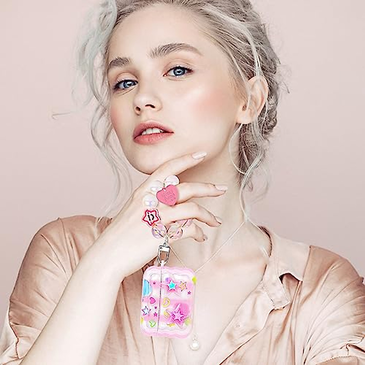 Cute AirPods Pro 2 Case with Love Pendant Colorful Round Bead Keychain, Glitter 3D Stars Design Soft Protective Cover Compatible with AirPods Pro 2nd Generation 2022 Case for Women and Girls