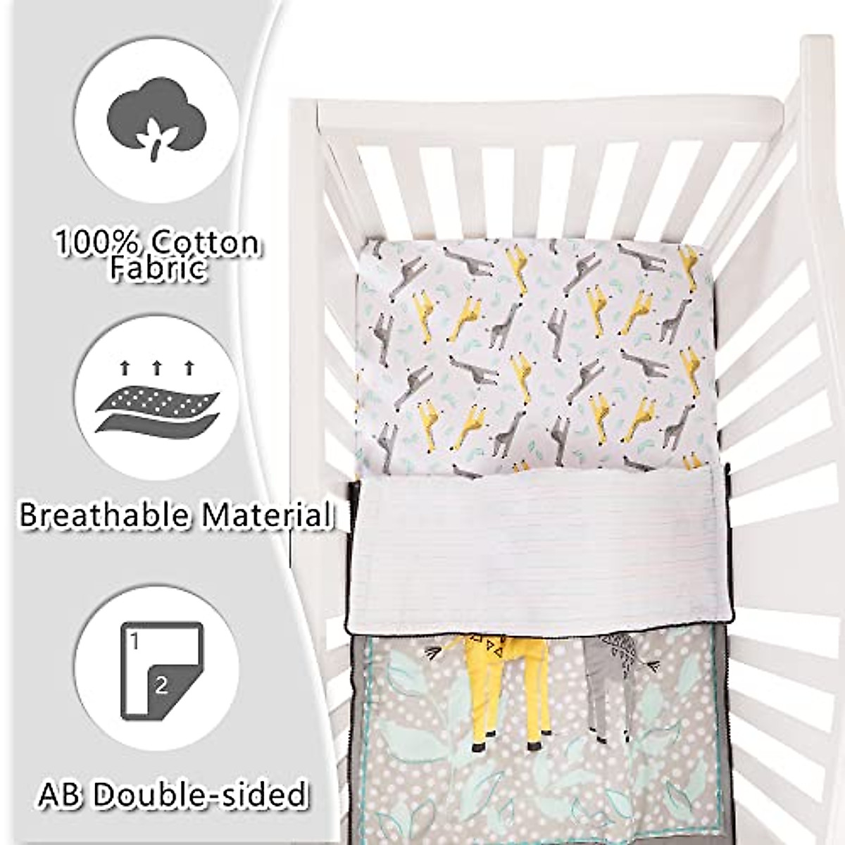 Honkaii Crib Bedding Set for Boys or Girls 3 Piece, Crib Sheet, Crib Skirt, Crib Comforter Included, Grey Crib Set for Boys, 100% Cotton Baby Nursery Bedding Decor, Jungle Giraffe Theme