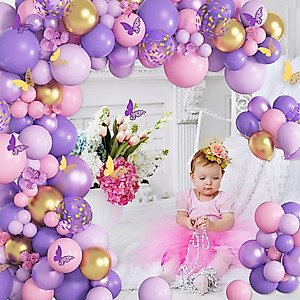 Purple Pink Butterfly Balloon Garland Arch Kit, Butterfly Baby Shower Decorations for Girl Women, Pink and Purple Gold Confetti balloons for Purple Birthday Party Mothers Day Bridal Shower Decorations