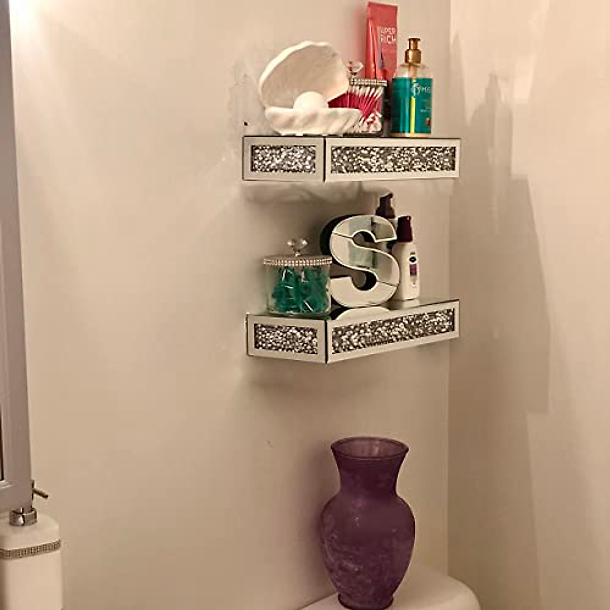 TACIDON Mirrored Floating Shelves Wall Mounted. Crystal Crushed Diamond Modern Wall Shelves Set of 2, Gorgeous Glass Mirror Shelf for Home Wall Decor, Bedroom, Living Room, Bathroom, Kitchen - Silver