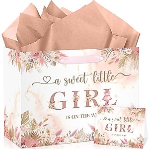 Baby Shower Paper Bag, Pink Floral Sweet Baby Girl Gift Bag with Tissue Paper and Card Boho Dried Flowers Wrap Bag with Handle for Baby Shower Birthday Gender Reveal Party Favors Decorations Supplies