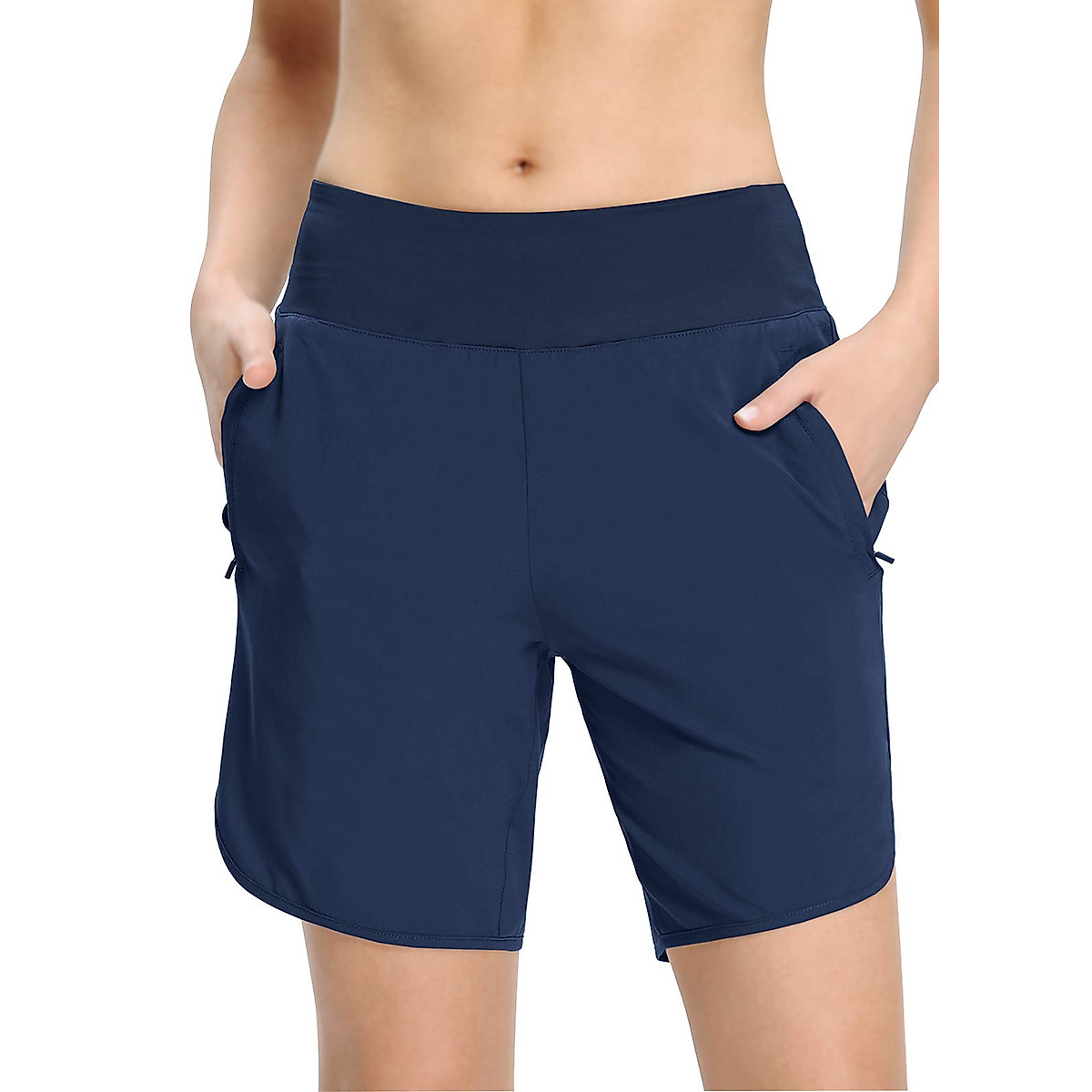 MOCOLY Womens Quick-Dry Running Shorts Athletic Sports Workout Shorts Lightweight Gym Yoga Shorts 7 Inches Loose Fit Zip Pocket Navy Blue S