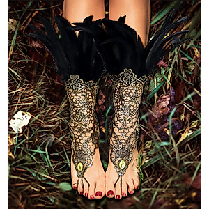 L'VOW 2Pcs Gothic Black Lace Feather Long Gloves for Women Halloween Witch Costume Swan Wristband Cuff