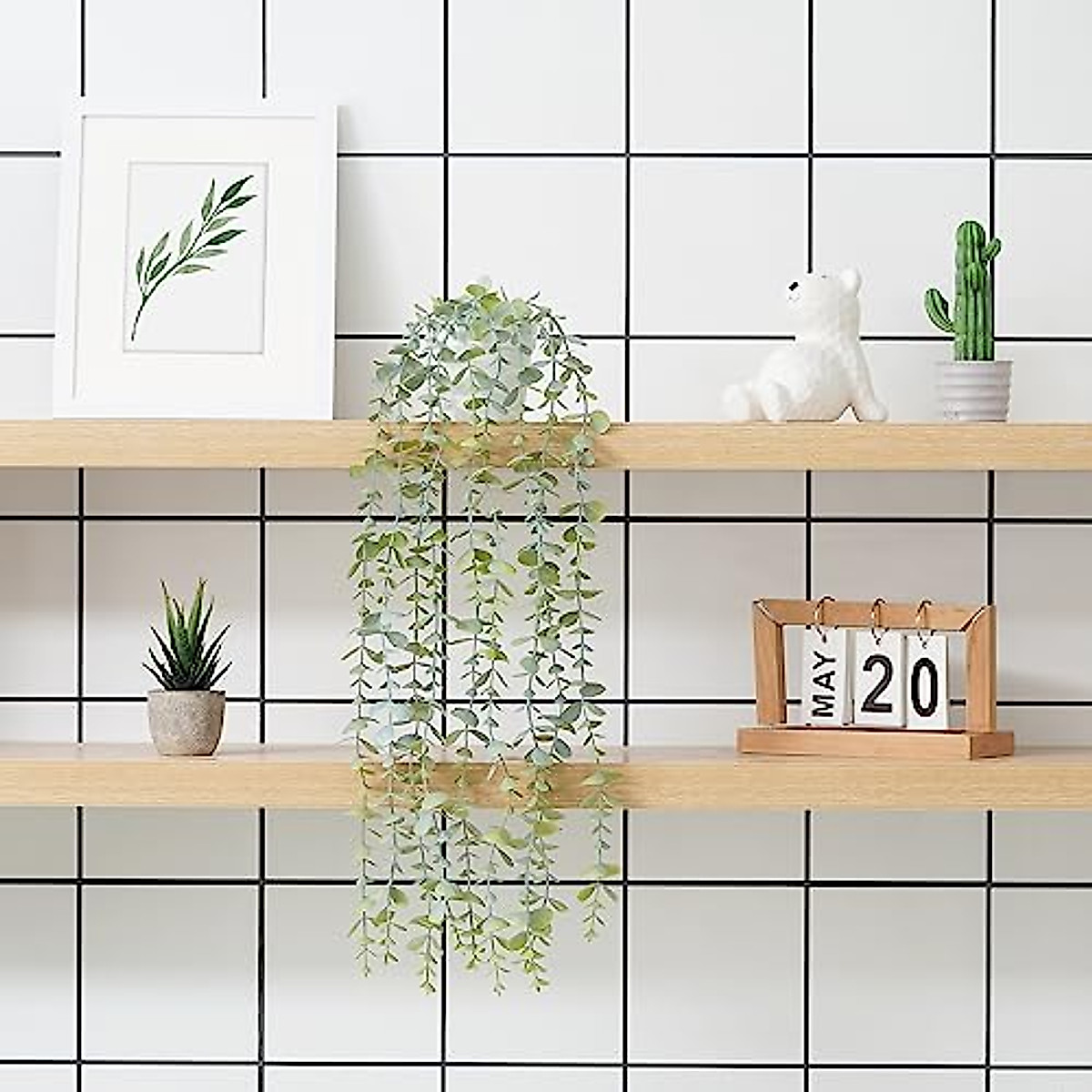 BLEUM CADE Fake Hanging Plants, 1pcs Sage Green Artificial Hanging Potted Plant, Faux Eucalyptus Hanging Plant Greenery for Wall Shelf Home Living Room Indoor Outdoor Decor