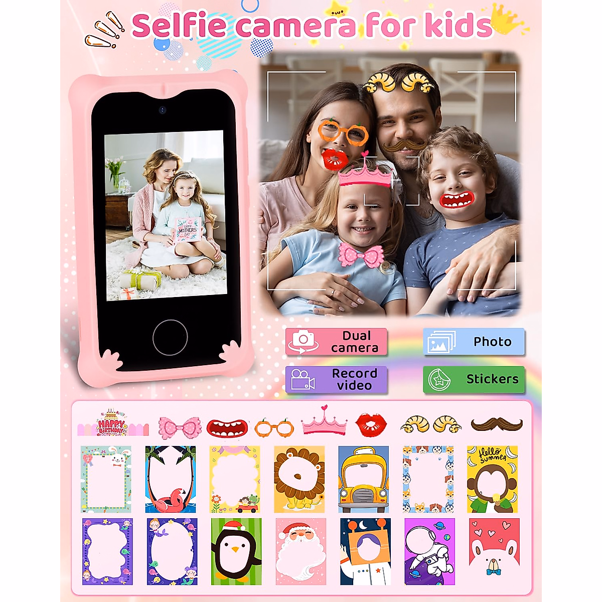 BESTOONE Kids Smart Phone Toys for 3 4 5 6 Year Old Girls, Toddler Touchscreen Phone with Dual Camera, Educational Games, MP3 Music Player, and 32GB SD Card, Christmas Birthday Gifts for Kids Ages 3-8