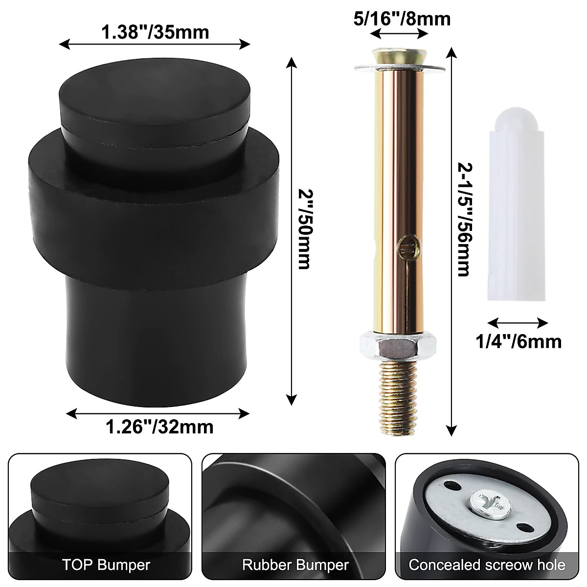 RealPlus Door Stopper Cylindrical Floor Mount Door Stop Stainless Steel 2 inch, Pack of 6