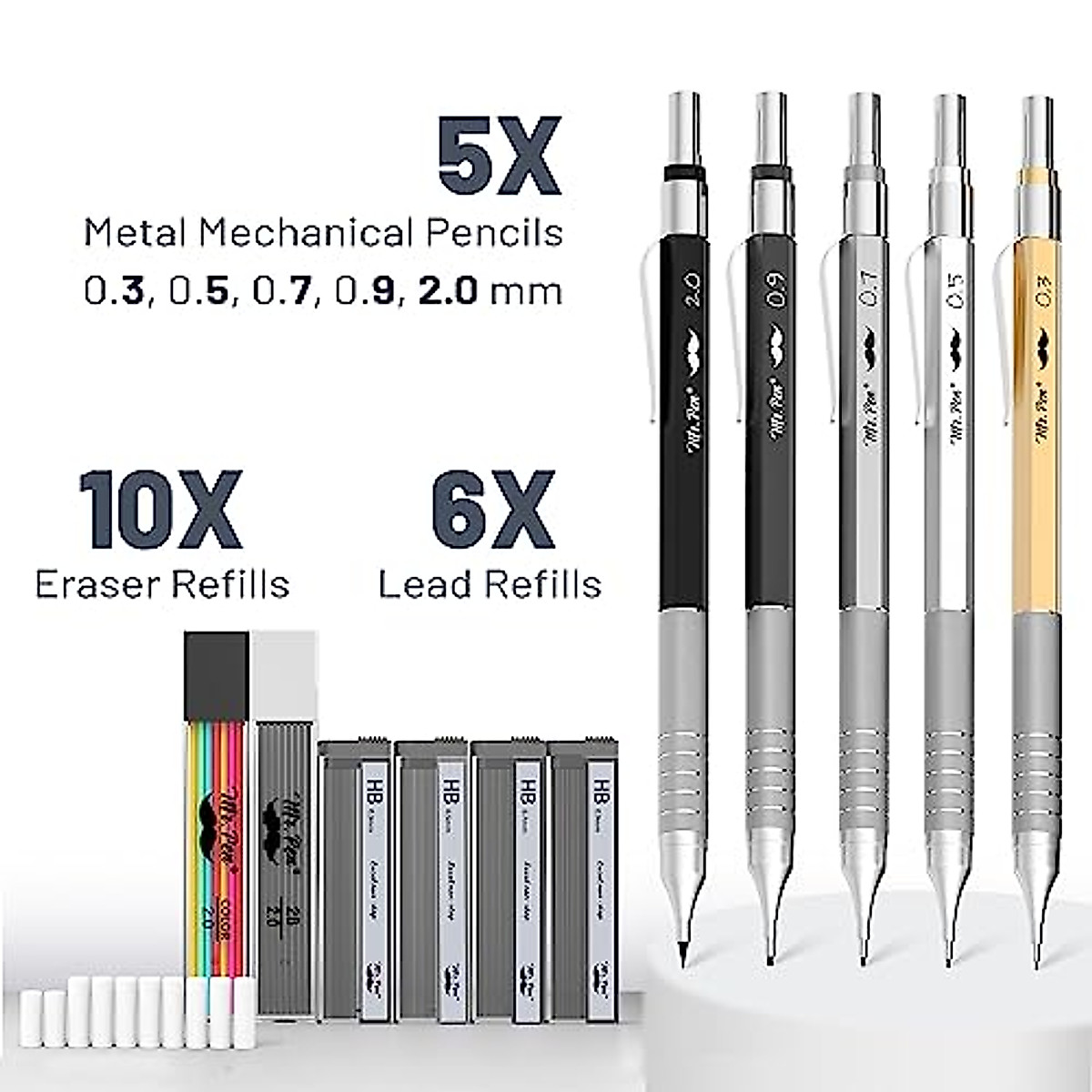 Mr. Pen- Metal Mechanical Pencil Set with Leads and Eraser Refills, 5 Sizes - 0.3, 0.5, 0.7, 0.9 and 2 Millimeters, Sketching/ Drafting Pencil