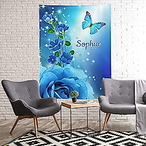 Blue Butterfly Blue Roses Personalized Name Soft Fleece Bed Blankets Throws as Birthday Wedding Gifts for Sofa Couch 50'' x 60''