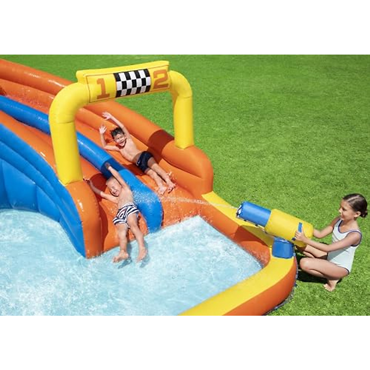 Bestway H2OGO! 18 x 16.5 x 8.7 Foot Super Double Racing Super Speedway Kids Inflatable Water Park with Air Blower, Ground Stakes, and Storage Bag