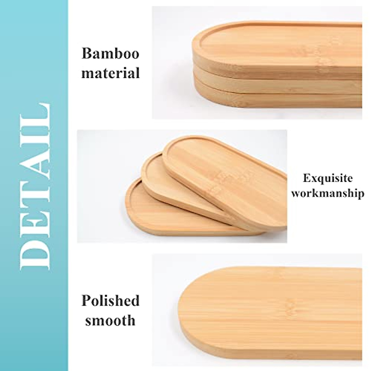 3 Pack Bamboo Trays for Bathroom Shampoo Shower Dispenser Holder Accessories Countertop Light Wood Trays Organizer Plate Tabletop Home Decoration Oval (Only Trays)