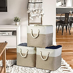 i BKGOO Cube Storage Bins，Foldable Canvas Storage Basket,3-Pack Collapsible Sturdy Fabric Organizing Basket with Cotton Handles for Home Office Shelf Clothes White-Khaki 13×13×13 inch