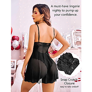 Avidlove Babydoll Lingerie for Women Floral Snap Crotch Teddy Chemise Nightie Lace Nightgown Black
