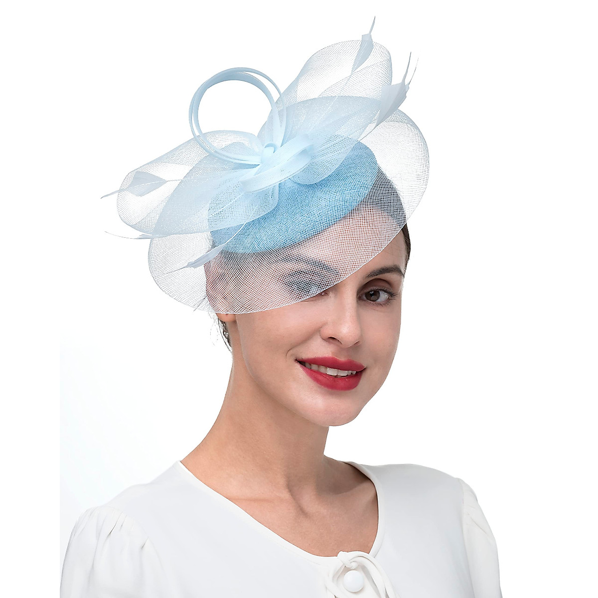 Zivyes Light Blue Tea Party Hat Feather Fascinators for Women Kentucky Derby Hats Wedding Church Pillbox Hat